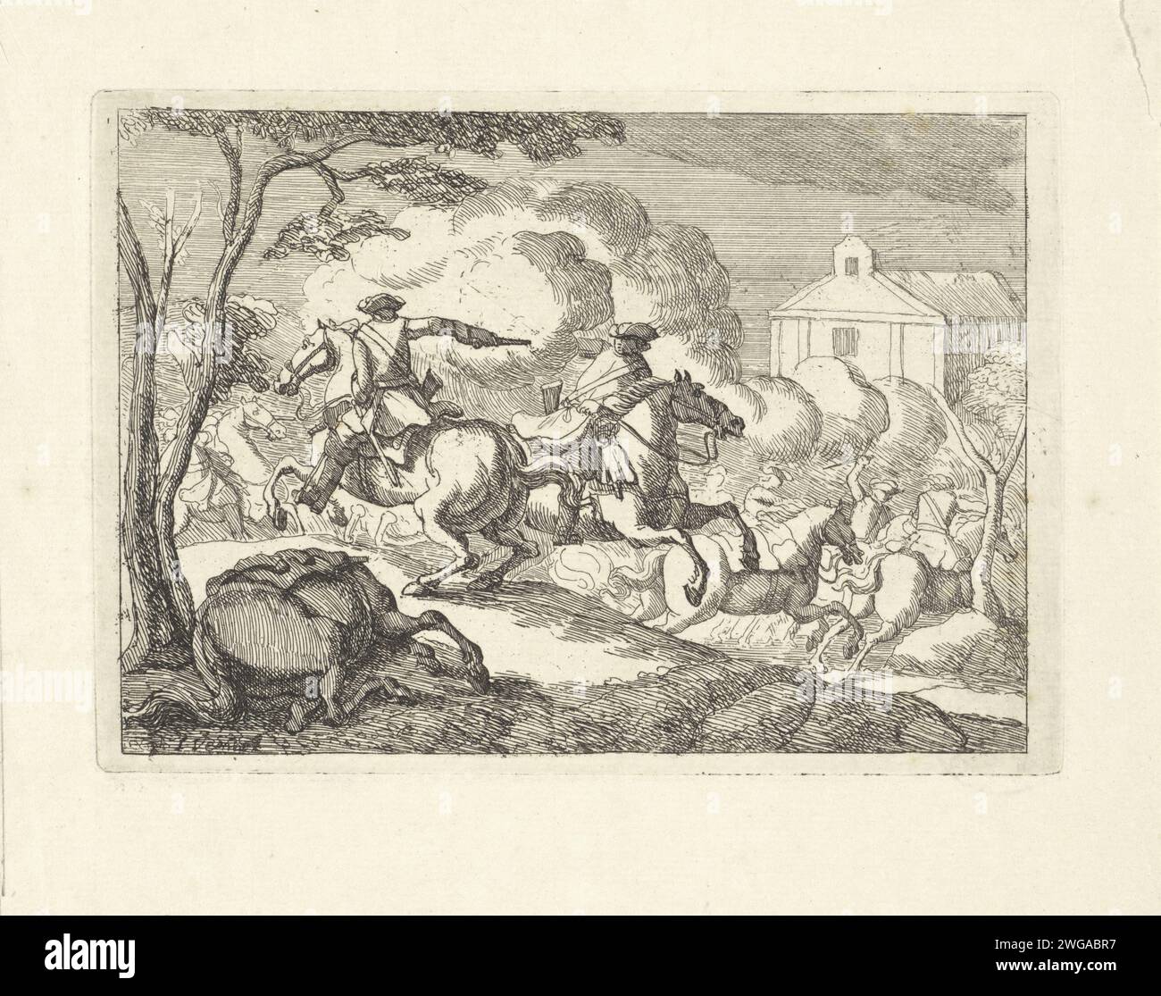 Cavalry fight with two shooting riders, Johannes Verhoek, 1700 - 1800 ...