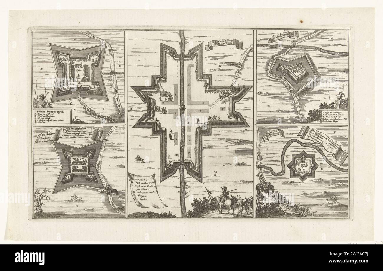 Five maps of fortresses, 1673, 1673 - 1675 print Leaf with five floor ...