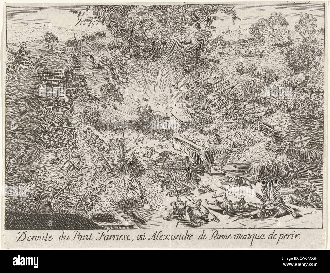 Parma ship bridge over the Scheldt, 1585, 1670 - 1699 print Blowing up ...