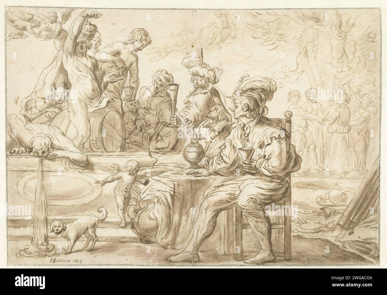 Bacchanaal, Hendrik Soukens, 1695 drawing paper. pencil brush vomiting ...