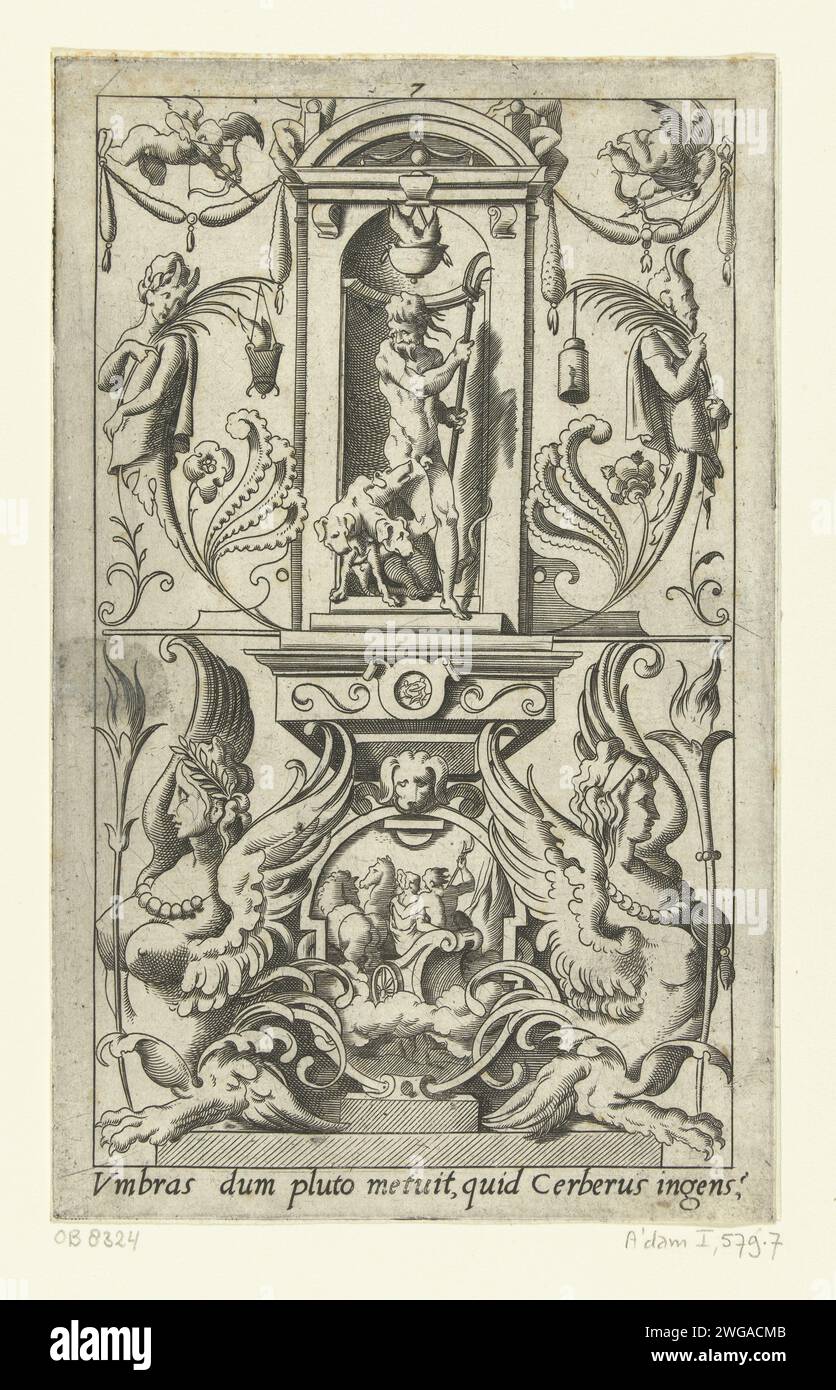Pluto with Cerberus at his feet, 1551 - 1580 print At the bottom is a ...