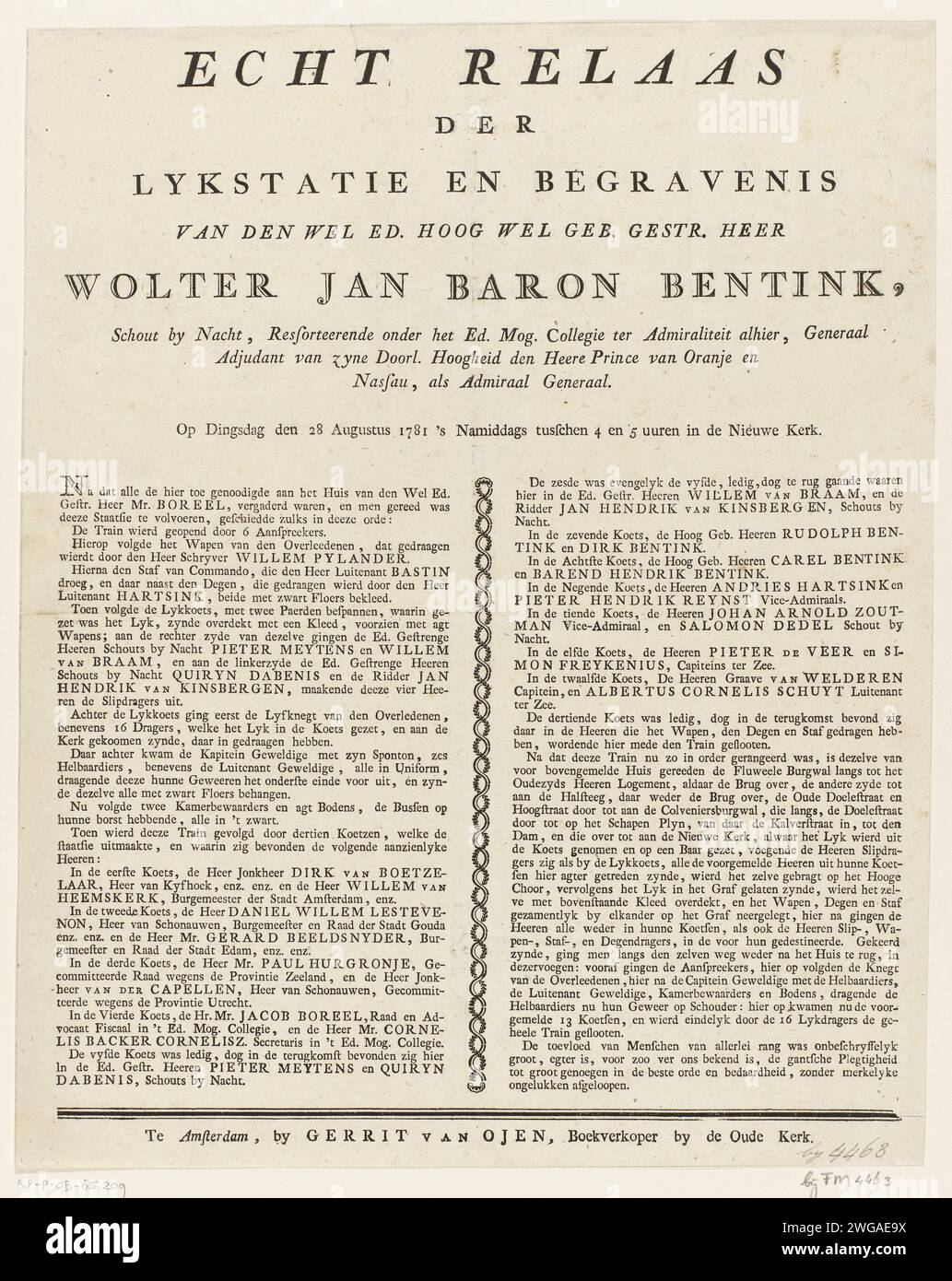 Description of the corpse and funeral of Wolter Jan Gerrit Baron ...