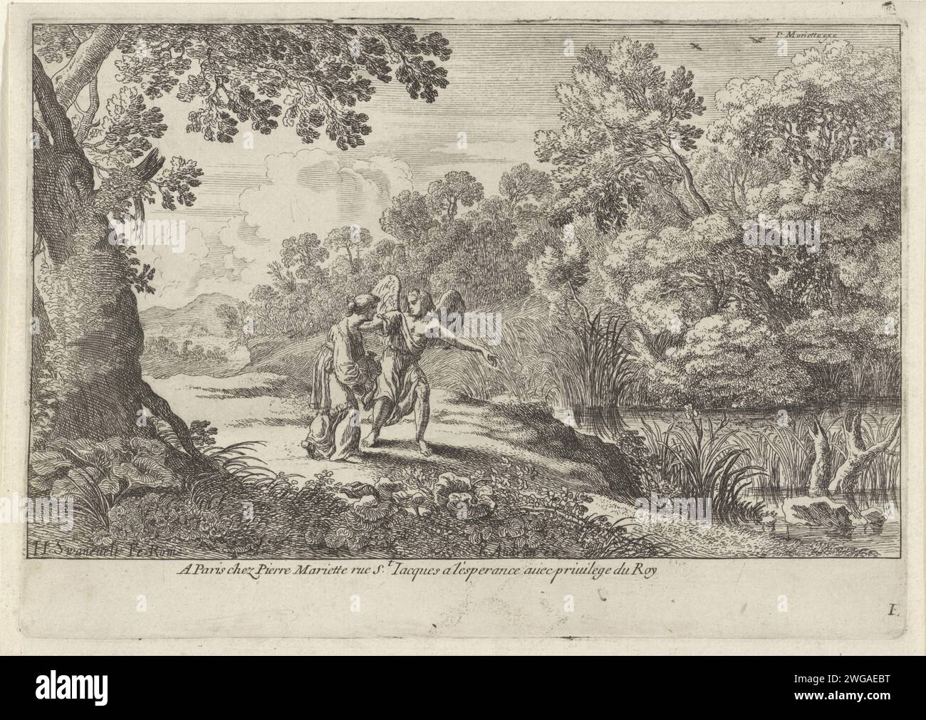 Hagar and the Engel, Herman van Swanevelt, 1643 - 1655 print In a hilly landscape with tree ...