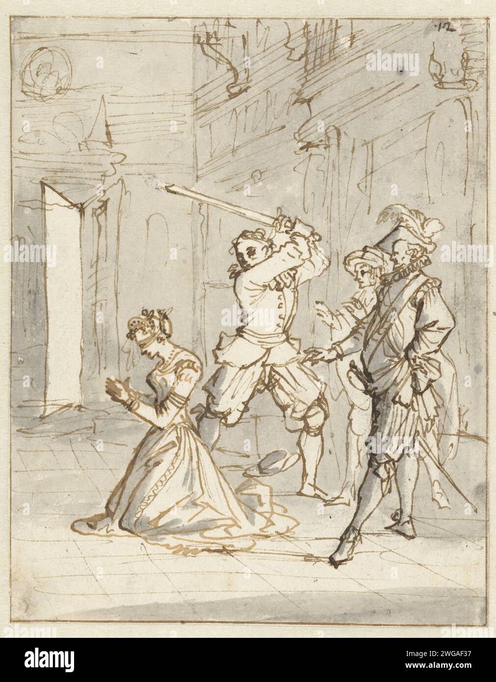 Joachim Carpitzo lets his wife behead, Jan Luyken, 1697 - 1699 drawing ...