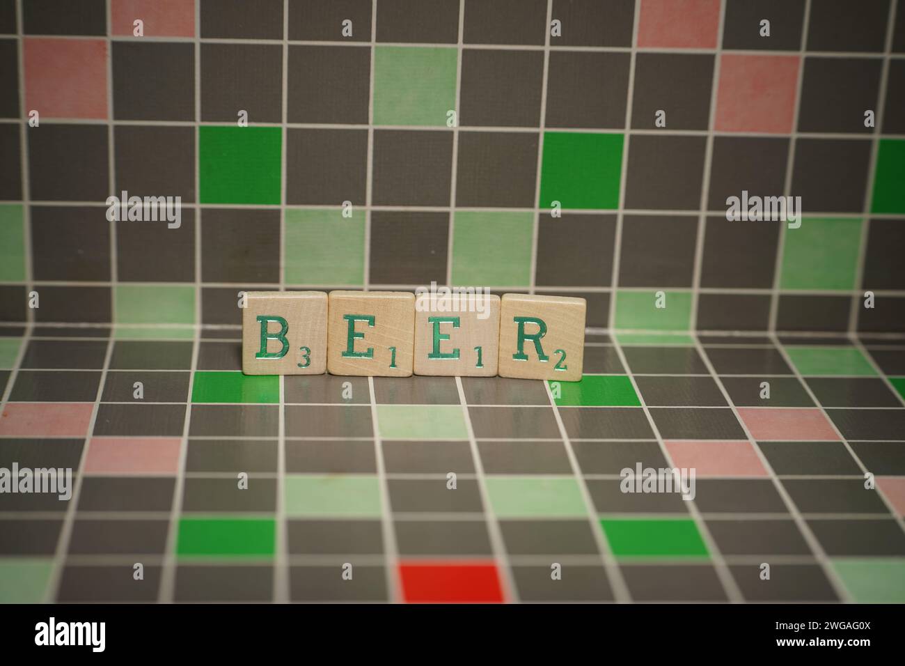 Wooden tile with green beer text on a blocked background Stock Photo ...