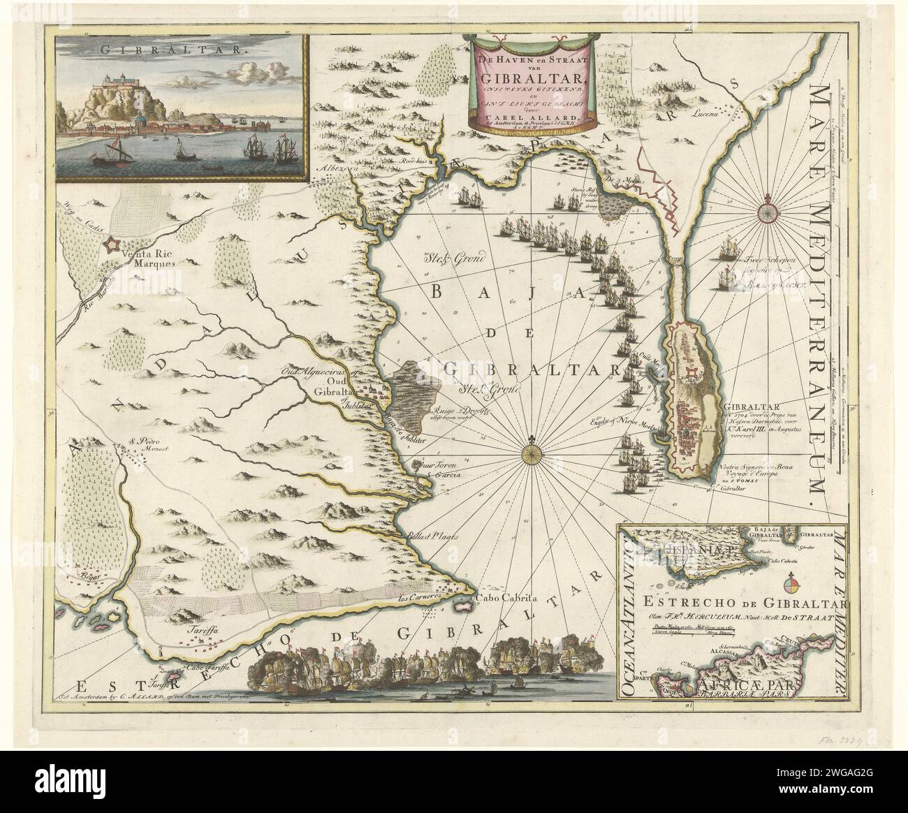 Map of Gibraltar, 1704, 1704 print Map of Gibraltar with the ships of ...