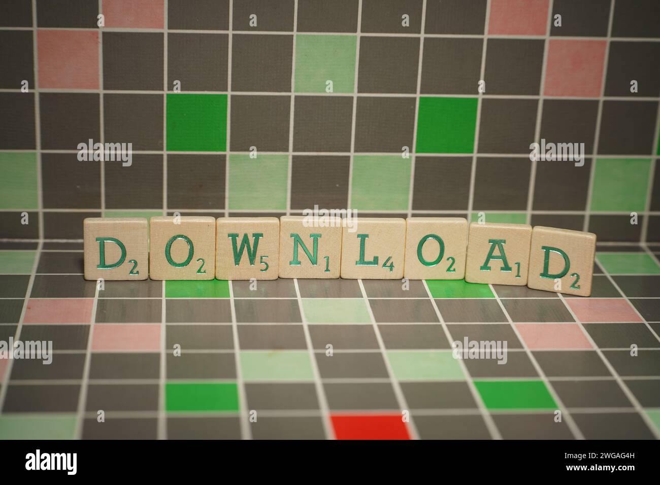 Wooden tile with green download text on a blocked background Stock ...