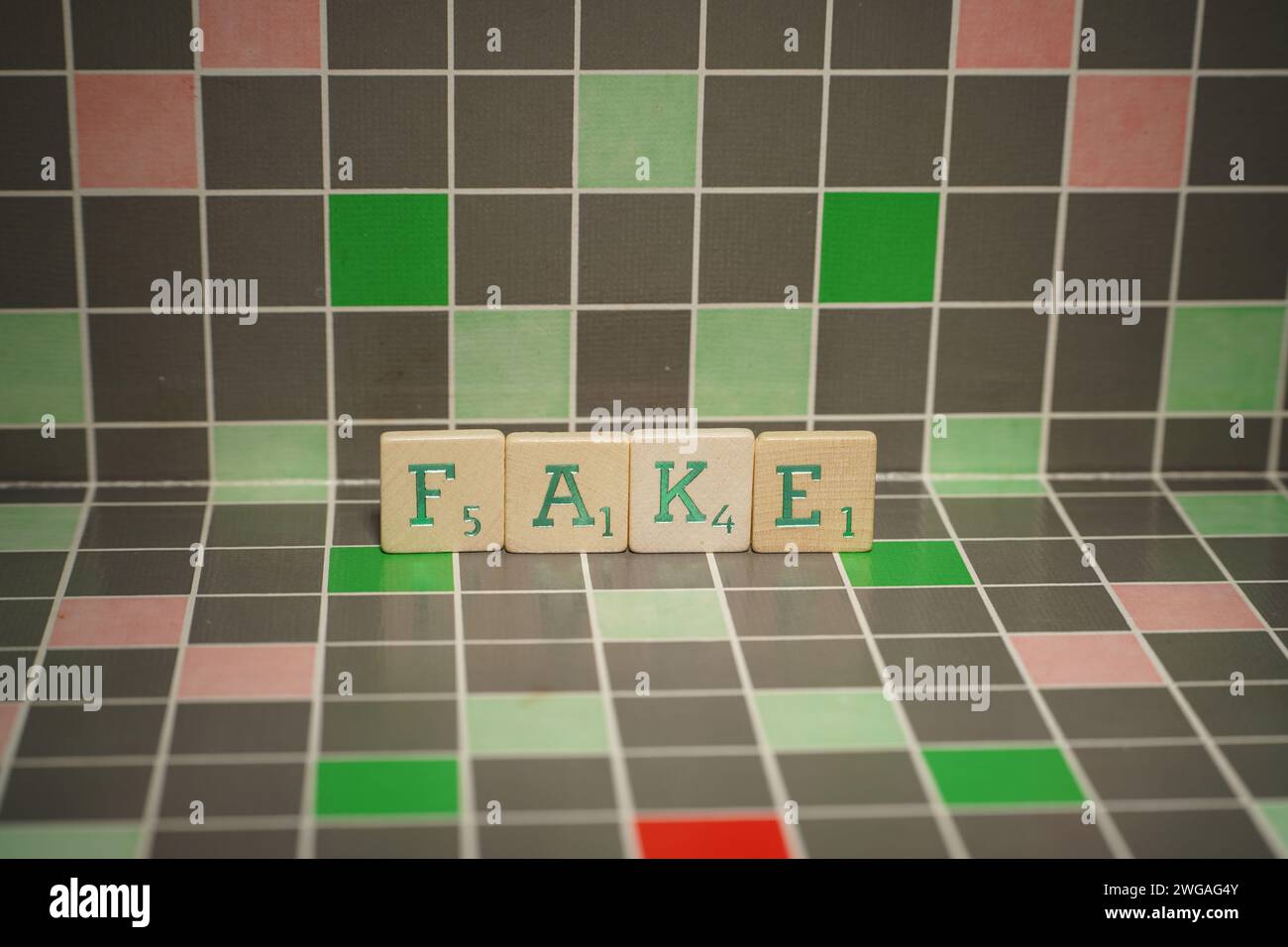 Wooden tile with green fake text on a blocked background Stock Photo ...