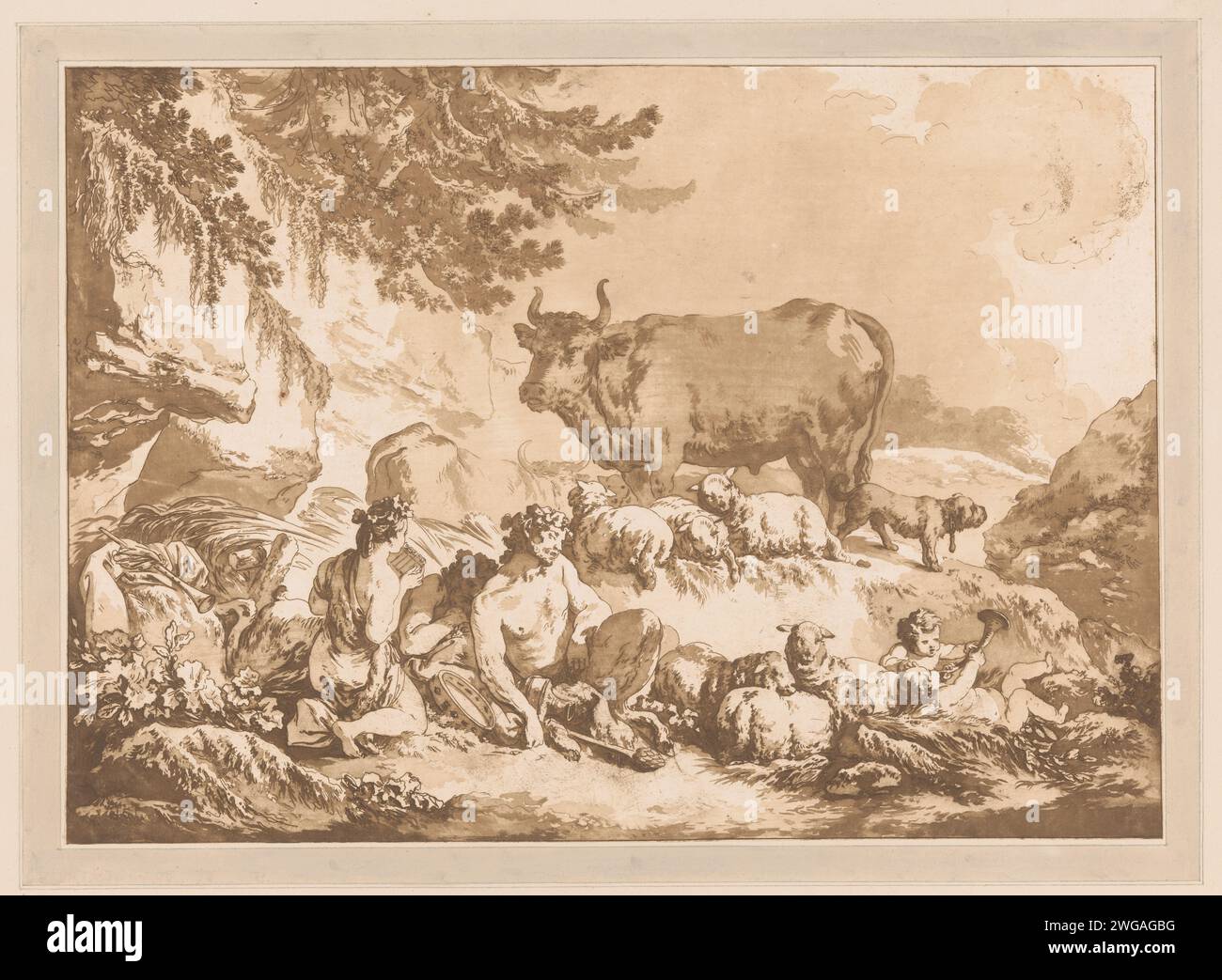 Resting saters between sheep and a cow in a landscape, Jean Baptist ...