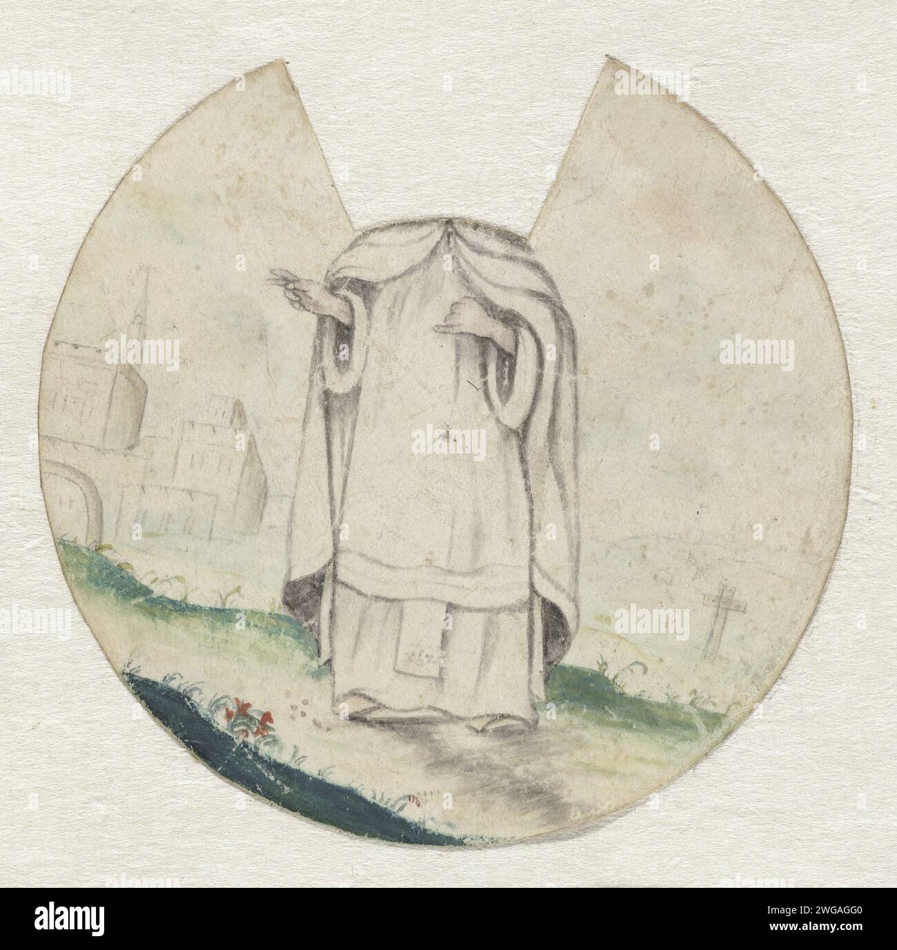 Standing Catholic spiritual who makes a blessing gesture, without head ...