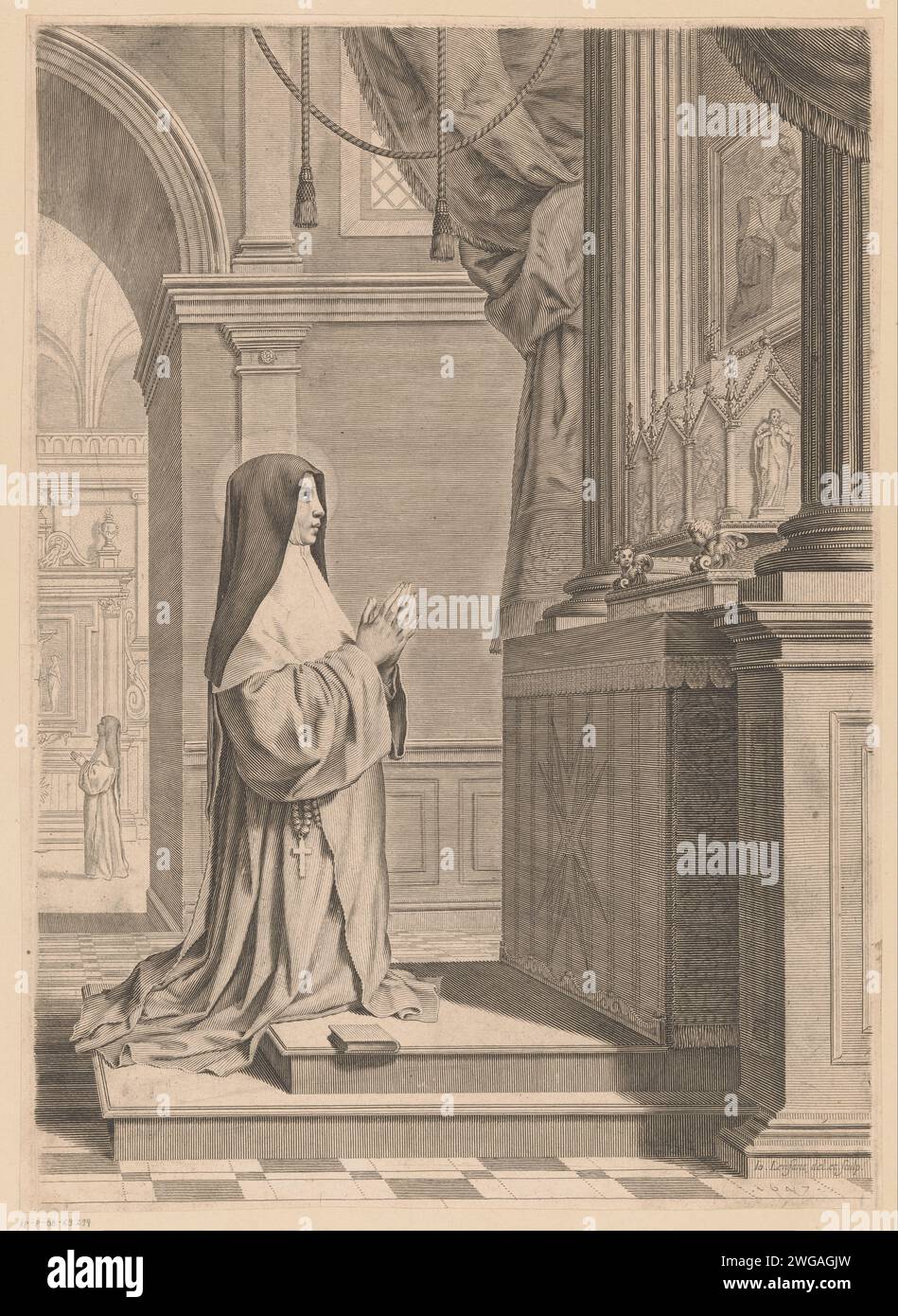 Holy Scholastica Praying for a reliquary, Jean Lenfant, 1647 print ...