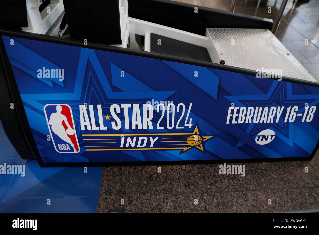 INDIANAPOLIS, IN - FEBRUARY 3: Signage displayed on a basketball goal ...