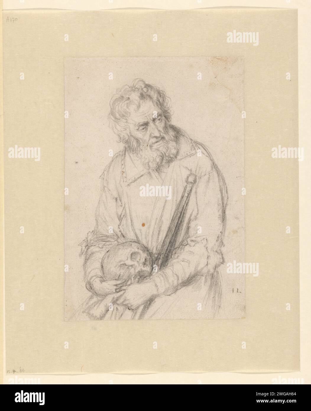 Old Man with Skull and Staff, Jan Lievens, 1635 - 1643 drawing Old man ...