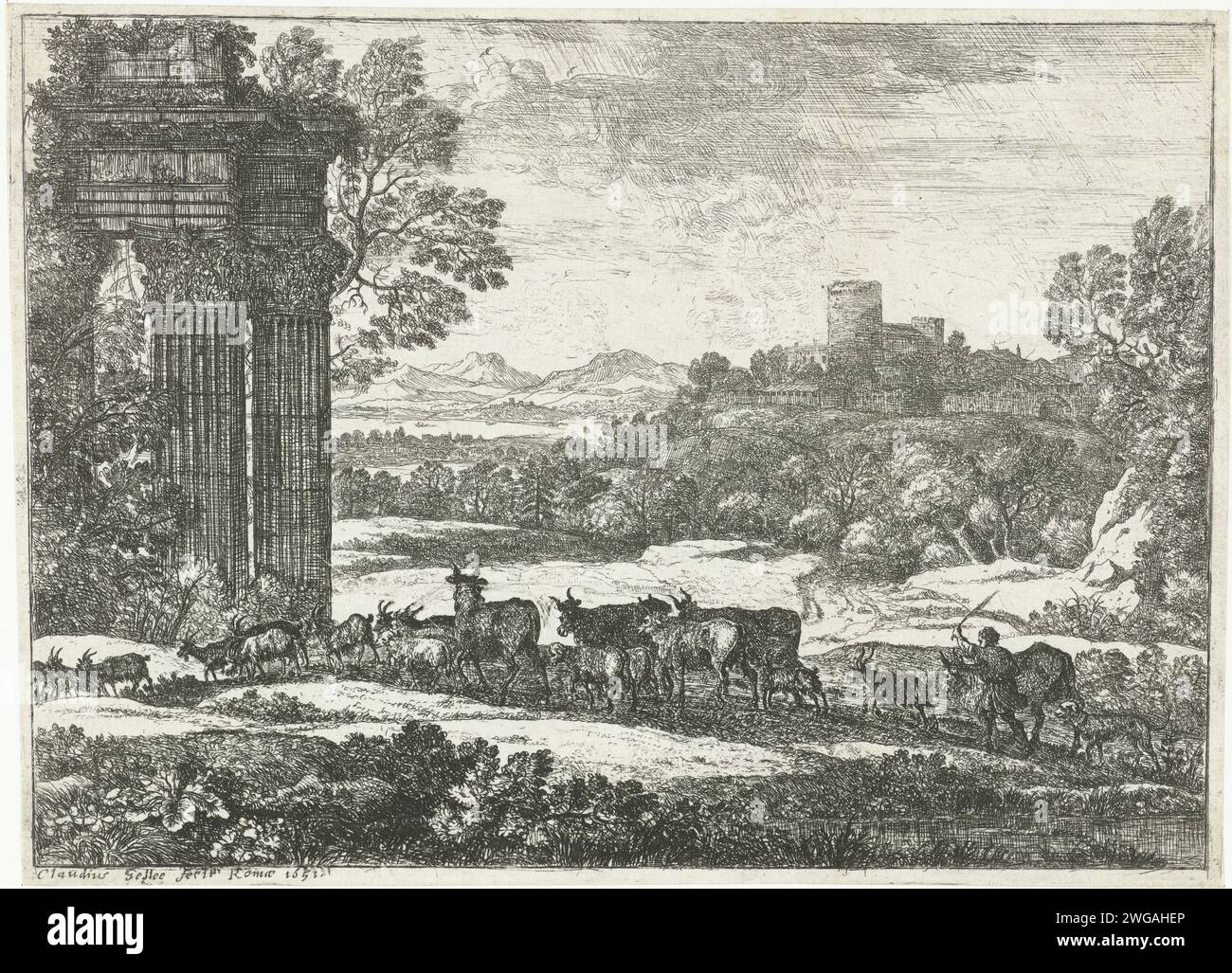 Shepherd with his herd during a storm, Claude Lorrain, 1651 print A ...