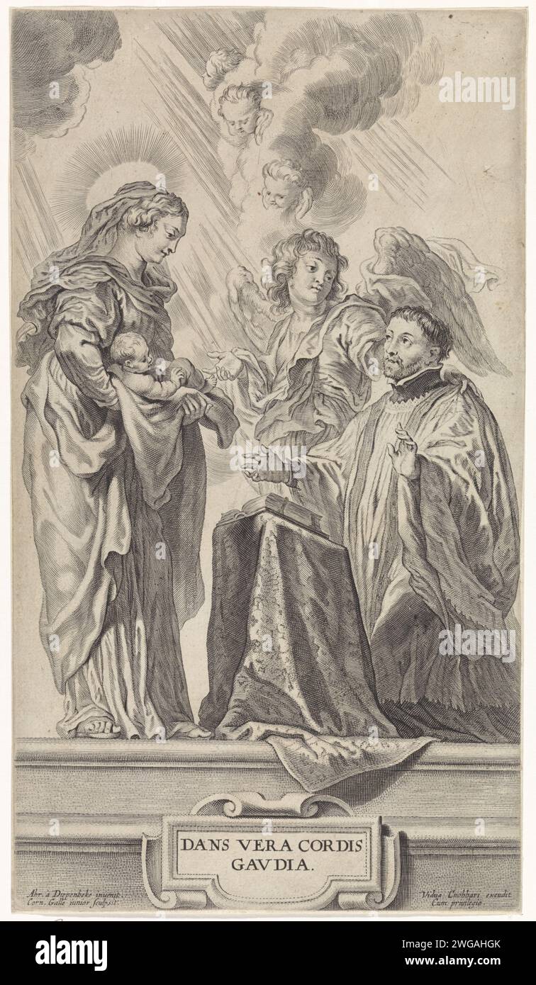 An unknown saint (Ignatius van Loyola?) Kneelt for Mary with Kind, Cornelis Galle (II), After ...