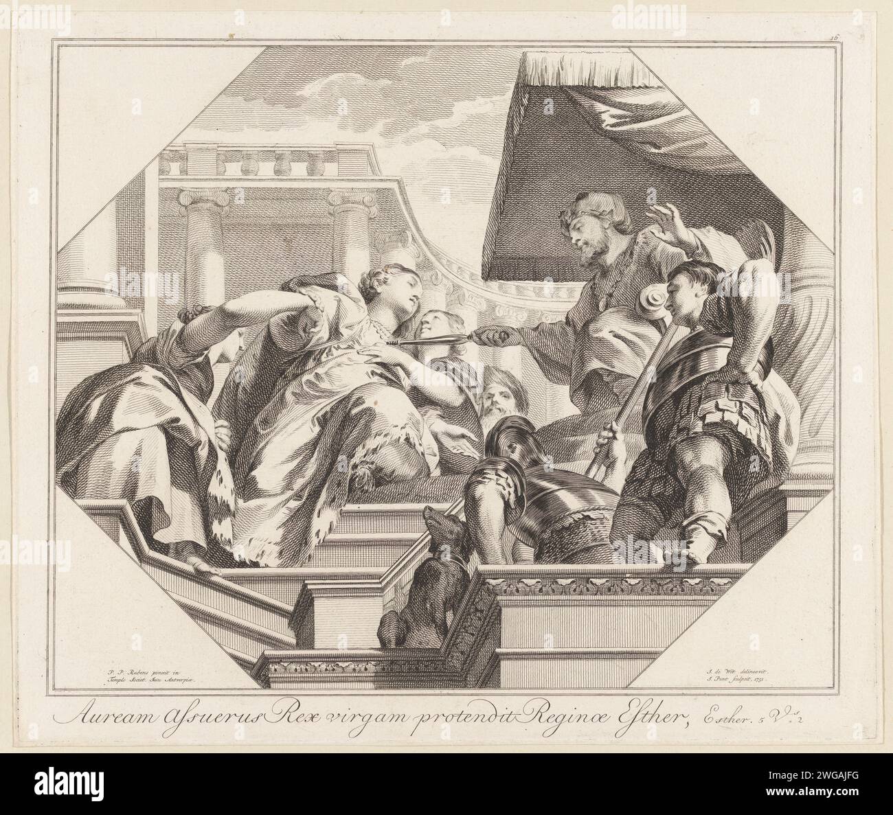 Koning Ahasverus gives Ester his golden scepter, Jan Punt, After Jacob ...