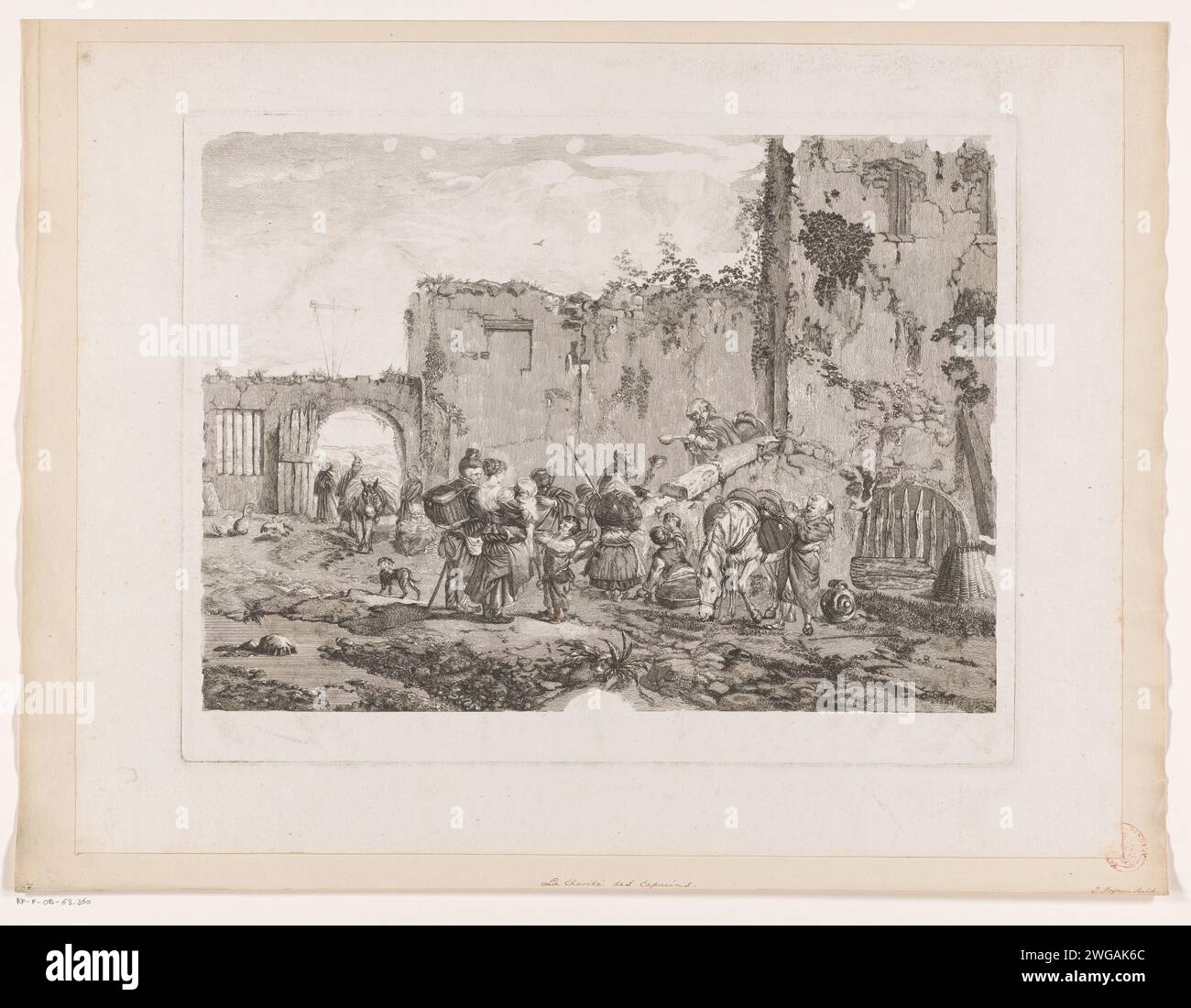 Monks hand out food to pilgrims in a courtyard, Jean Moyreau, After ...