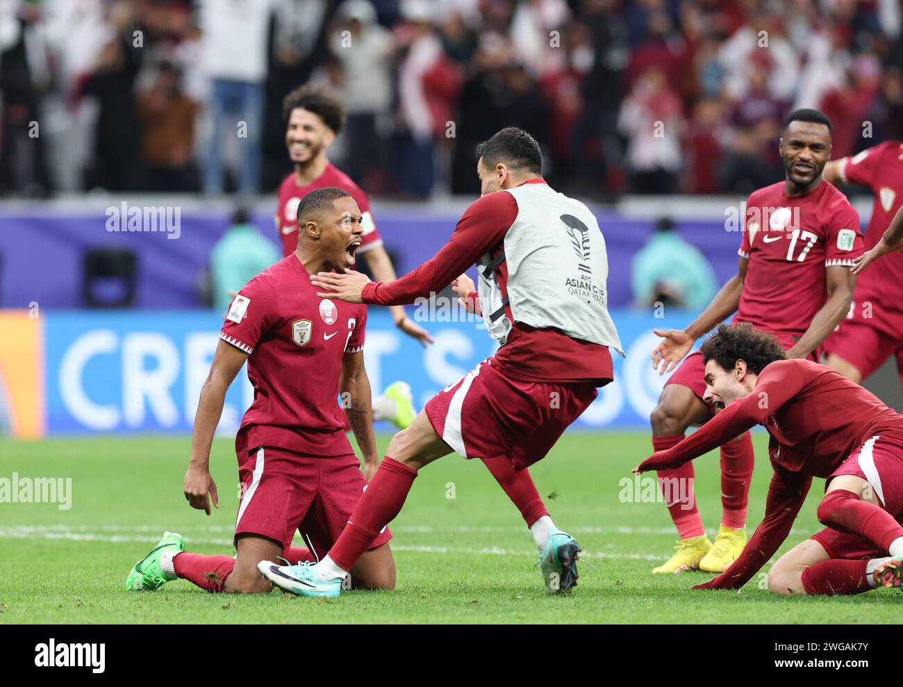 Doha, Qatar. 3rd Feb, 2024. Players of Qatar celebrate after penalty ...