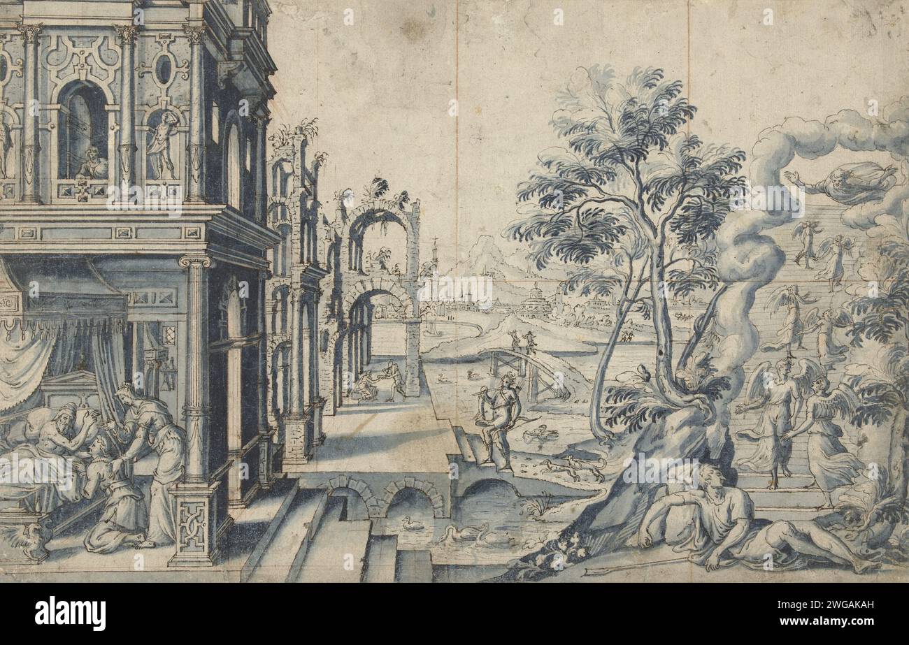 Jacob receives the blessing from Isaac; Jacobs Ladder, Cornelis Floris ...