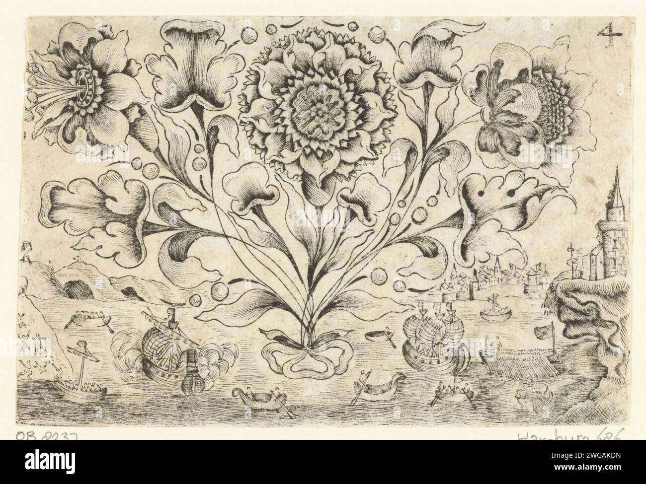 Three flowers and four leaves, c. 1600 - c. 1699 print The background consists of a river where ...