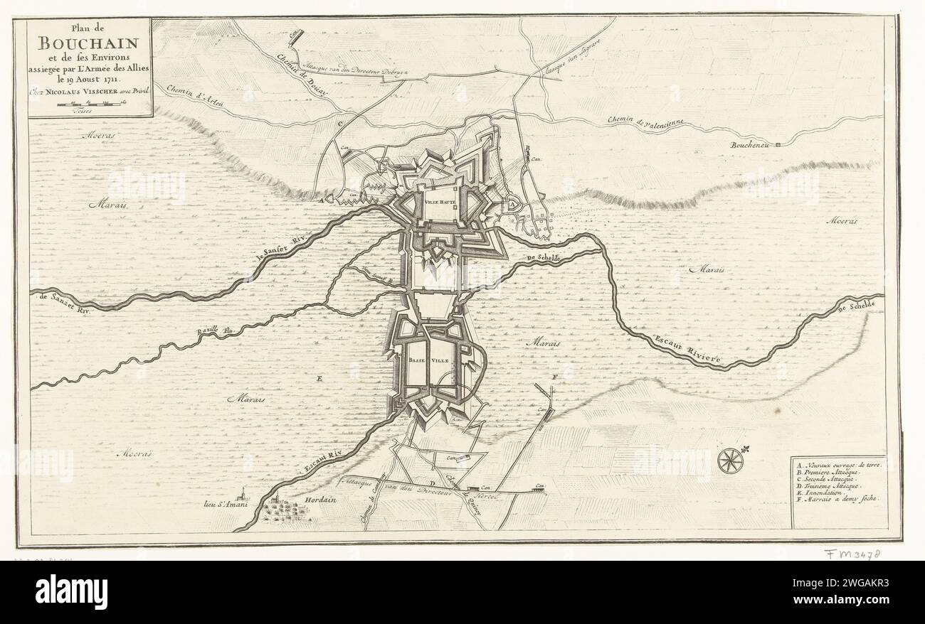 Siege of Bouchain, 1711, 1711 print Map of the northern French city of ...
