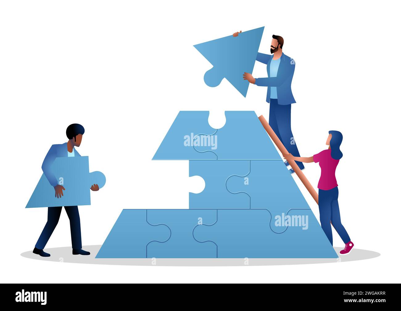People in casual wear building a triangle shape puzzle, team work ...