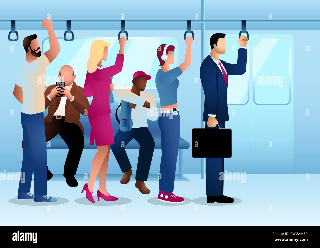 People standing and sitting in the train, public transportation, rush ...