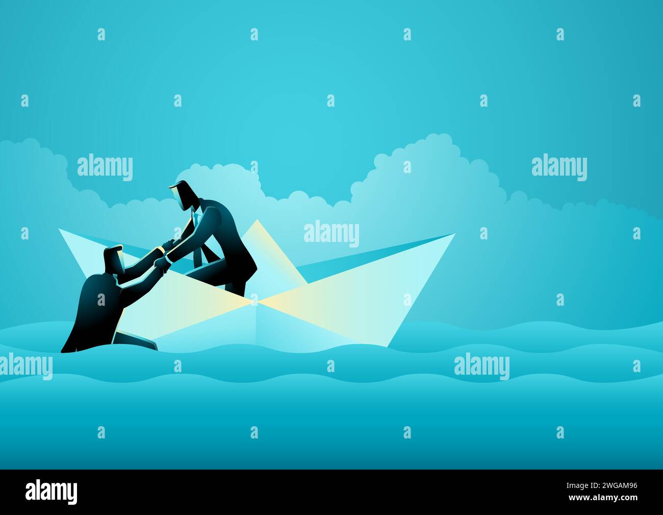 Businessman on paper boat helping other businessman who is drowning ...