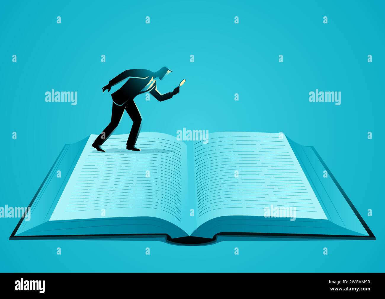 Businessman reading giant book pages using magnifying glass, literacy ...