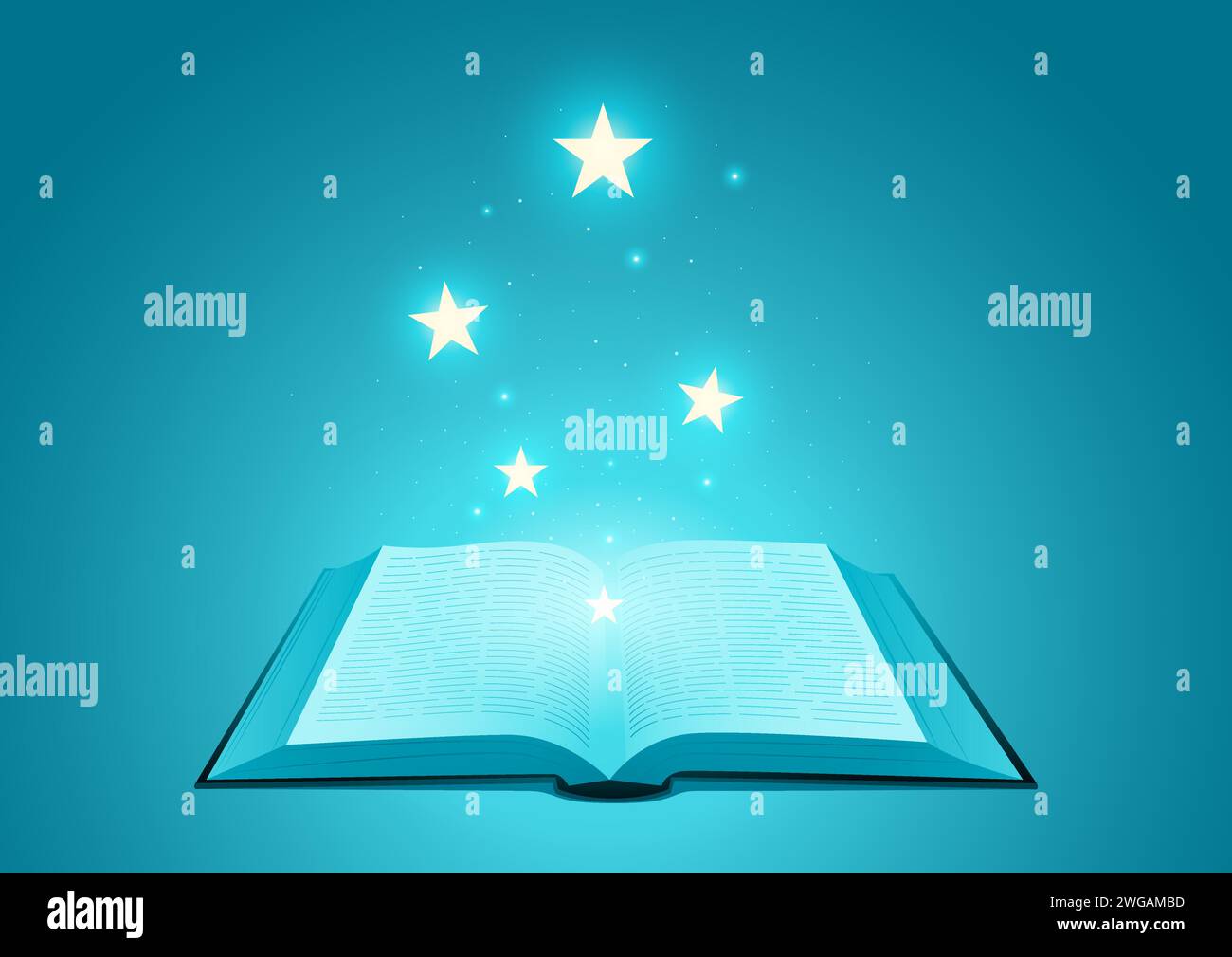 Bright stars flying out from opened book, knowledge, magic, education ...