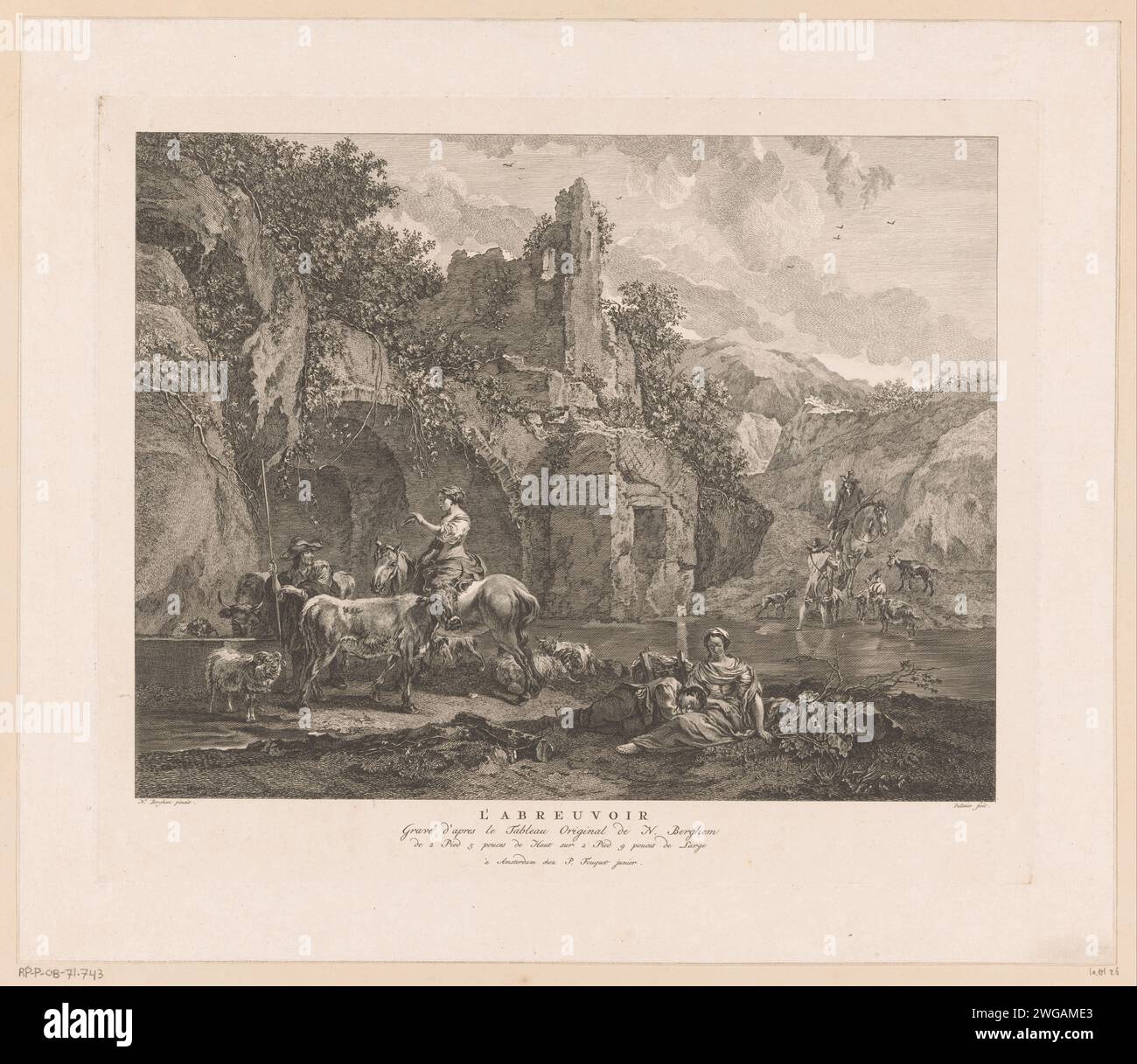 Shepherds with cattle at Drinkingplaats, Jean Pelletier, After Nicolaes ...