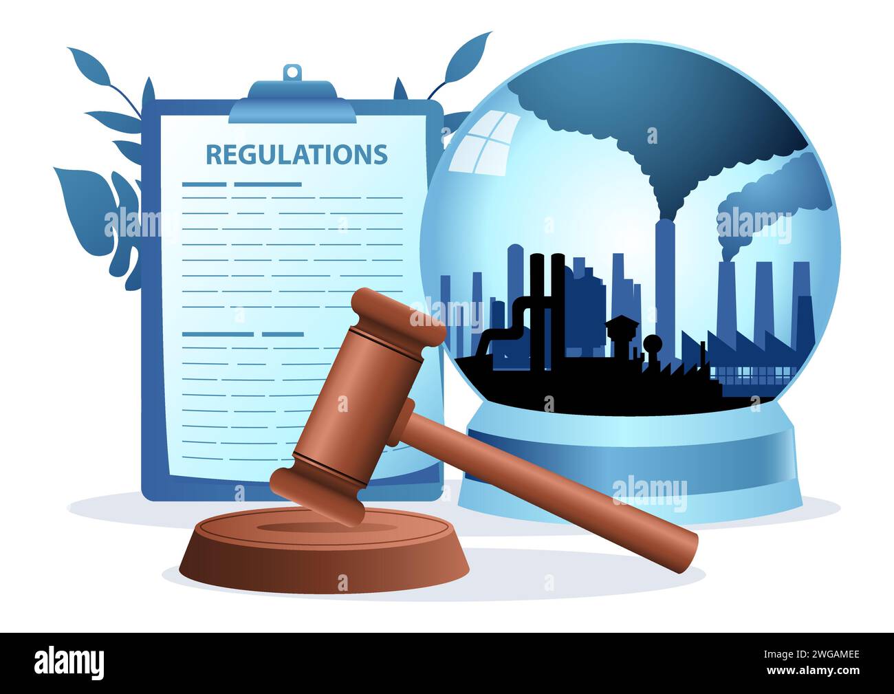 Gavel justice hammer with polluted factories in crystal ball on the ...