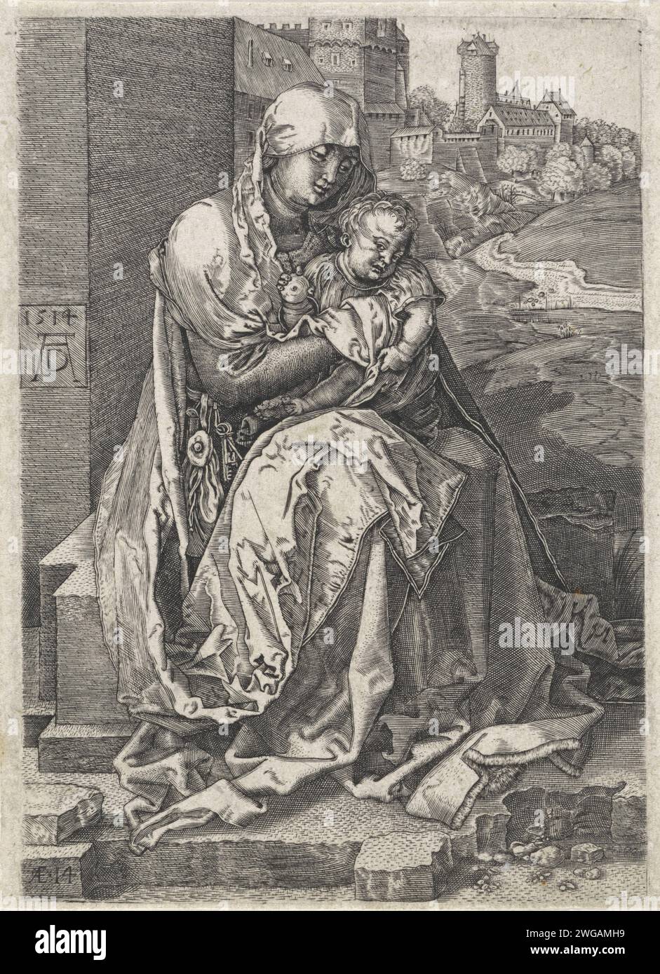 Maria with the Christ child on a wall by a wall, Johannes Wierix (attributed to), after Albrecht ...
