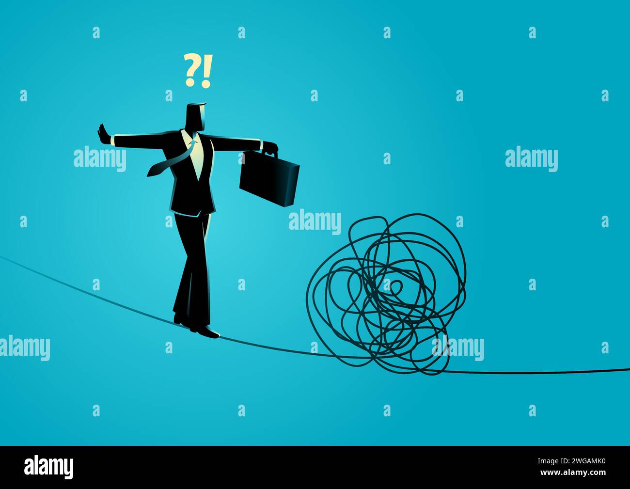 Businessman walking cautiously on a rope and facing a tangled rope in ...