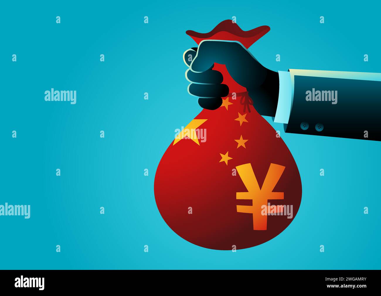 A hand giving money bag with Yuan currency symbol and China insignia, debt to China, Chinese ...
