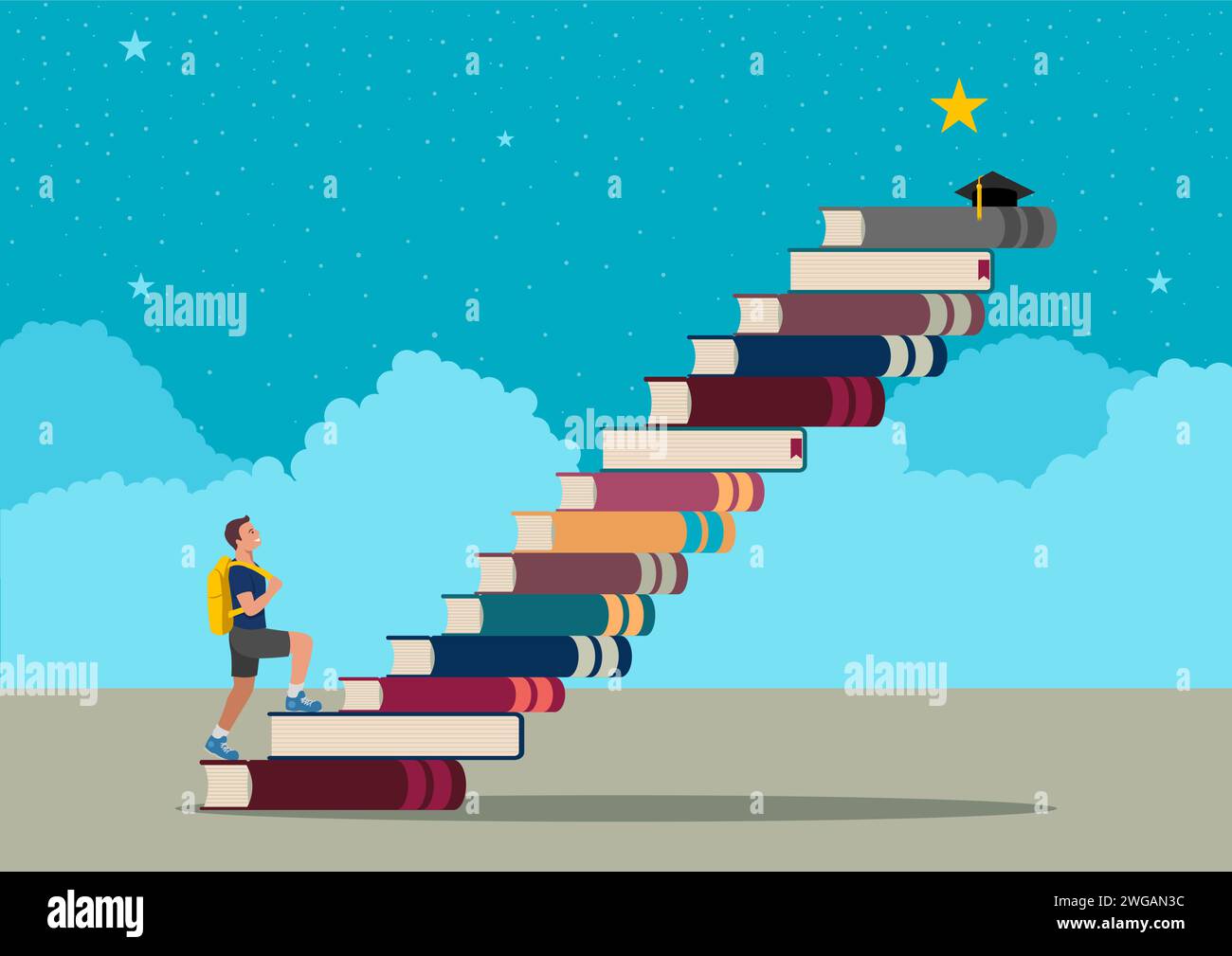 Cartoon illustration of a boy with a backpack climbing the stairs made ...