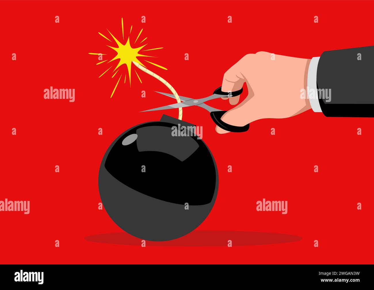 Vector illustration of a hand cuts the lit fuse of a bomb with scissors ...