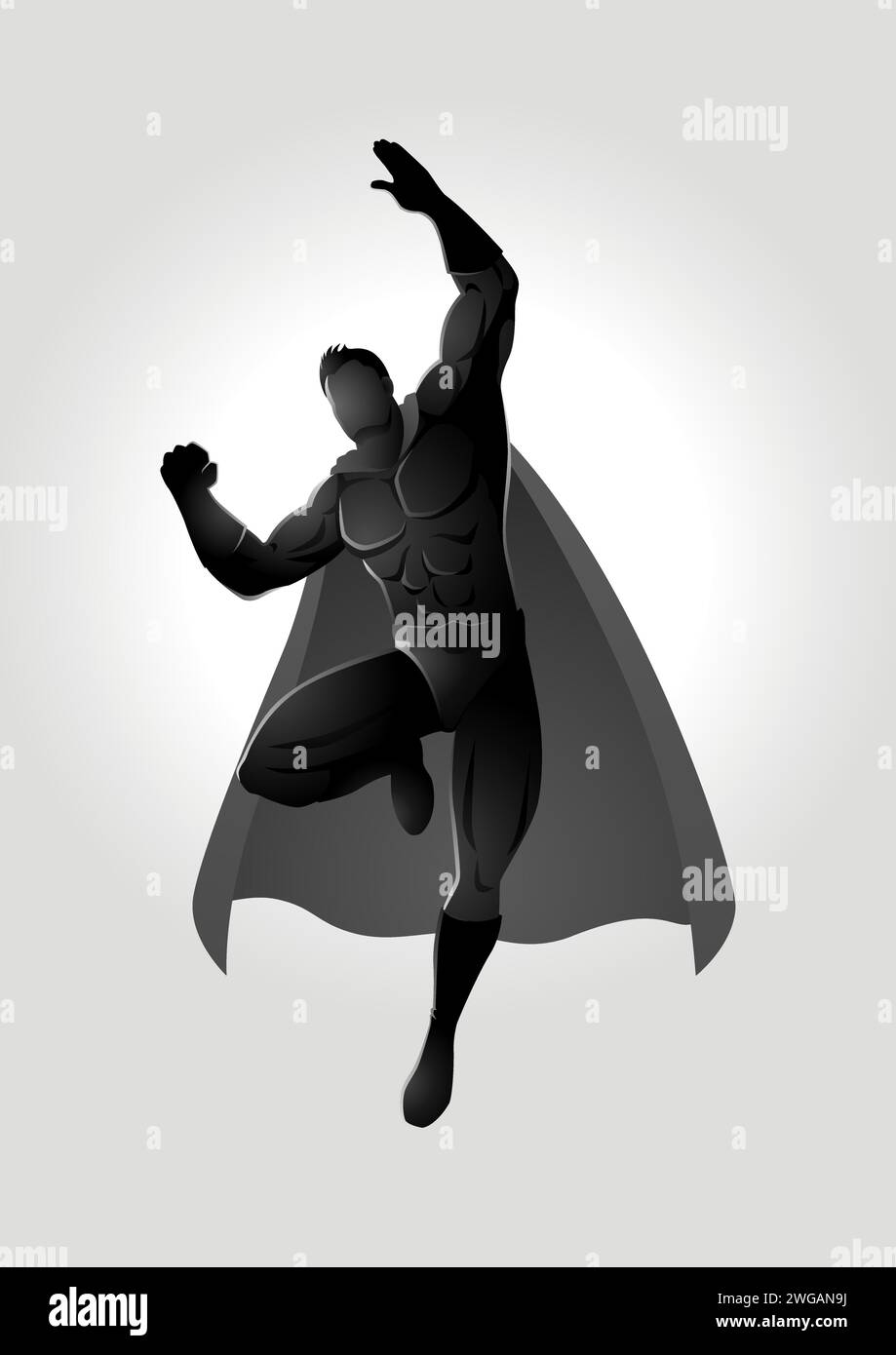 Silhouette of a superhero in flying pose, black and white vector ...