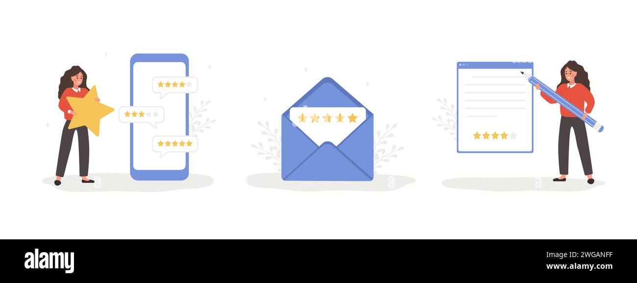 Set Of Customer Review Concept Women Giving Five Stars Rating Dialog Window In Application