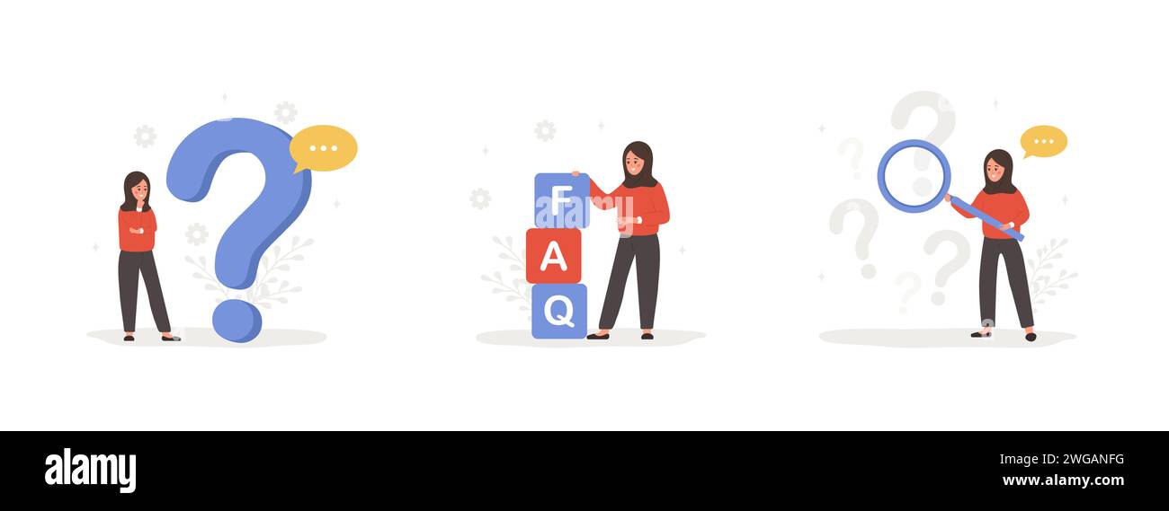 FAQ concept. Arabian women ask questions and receive answers. Customer ...