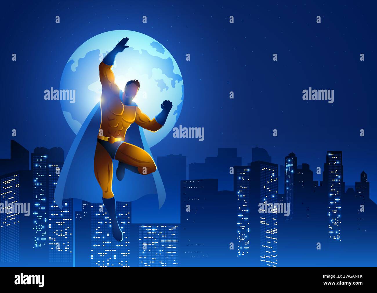 Superhero flying on beautiful cityscape during full moon, vector ...