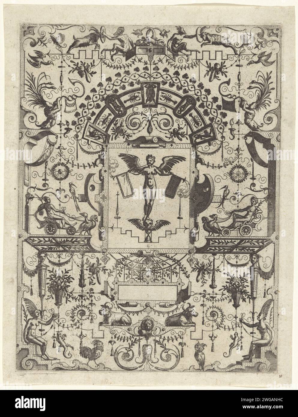 Cartouche with Fama that blows on two trumpets, 1565 - 1571 print Fama ...