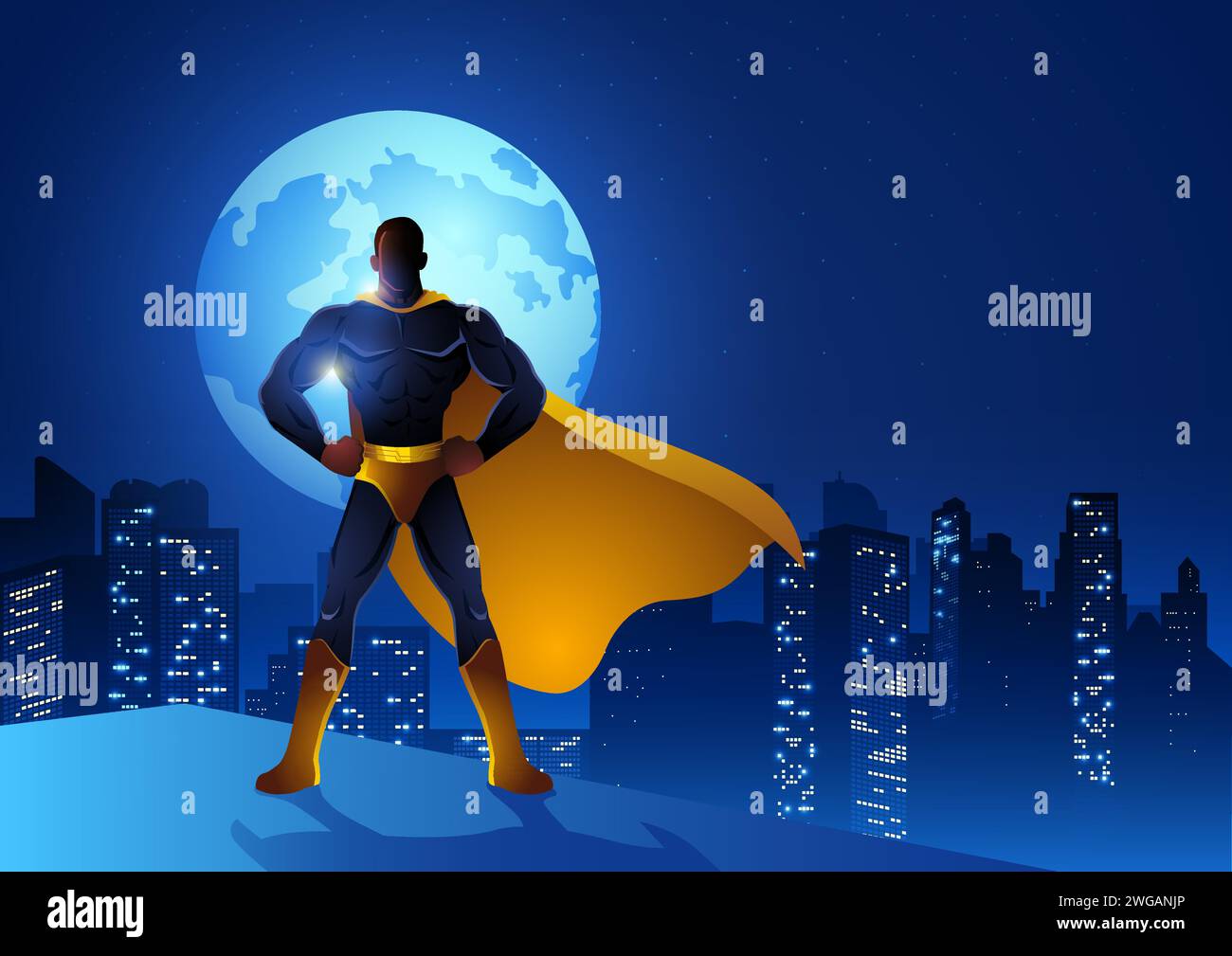 Silhouette of a superhero standing on the edge of a building with night ...