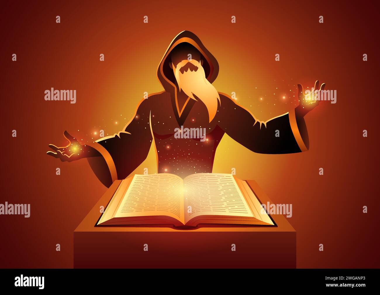 Wizard casts his magic by reading a spell book, vector illustration ...