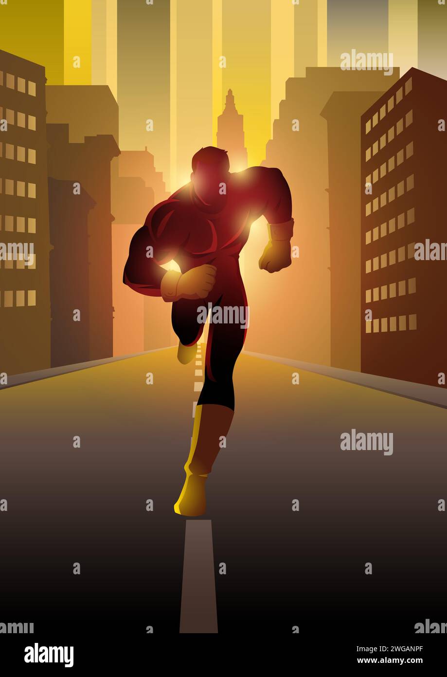 Vector illustration of a superhero running on city street Stock Vector ...