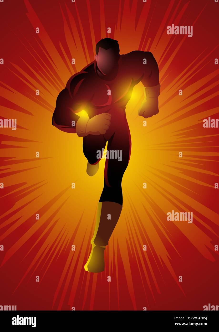 Vector illustration of a superhero running against splash light Stock ...