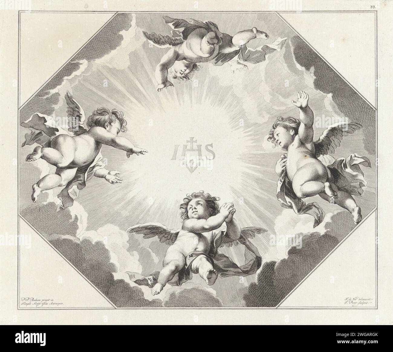 Four angels around the monogram of Christ, Jan Punt, After Jacob de Wit ...