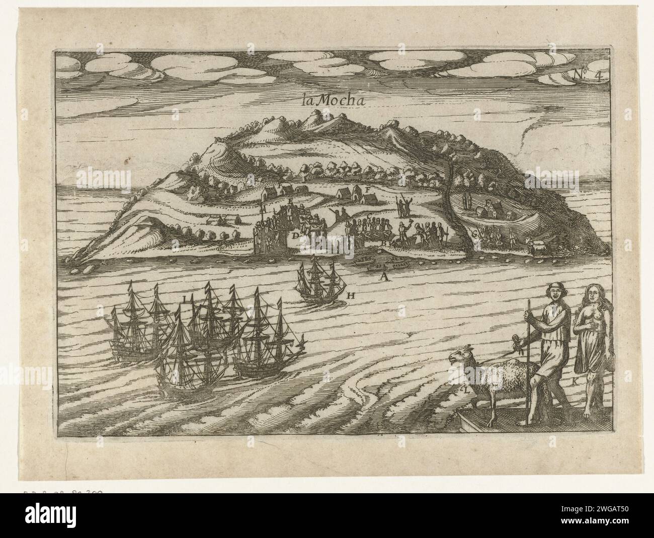 Arrival at the island of Mocha, 1615, 1646 print Arrival of the five ...