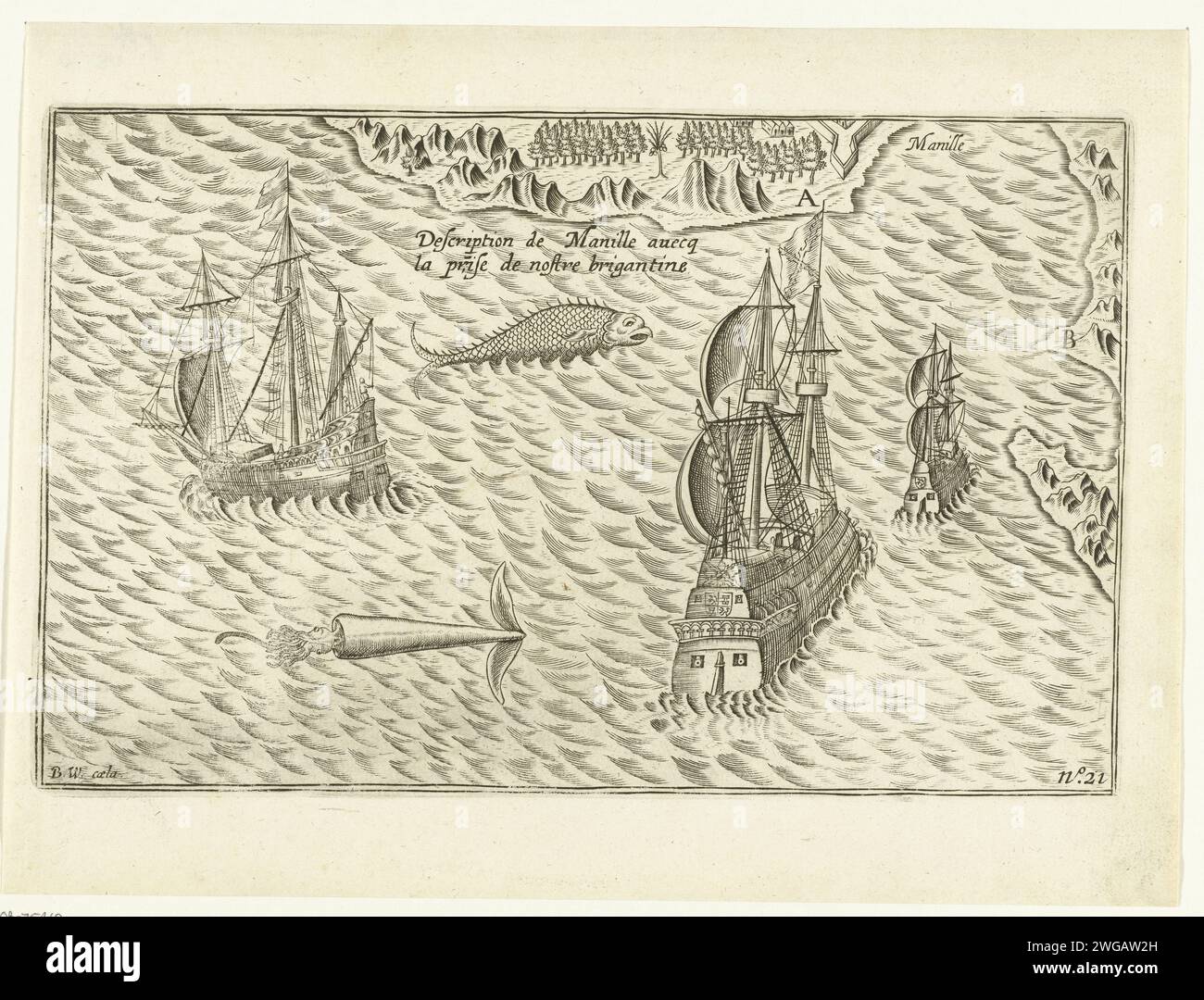 The Mauritius meets a Spanish ship with the captured Dutch yacht, 1600 ...