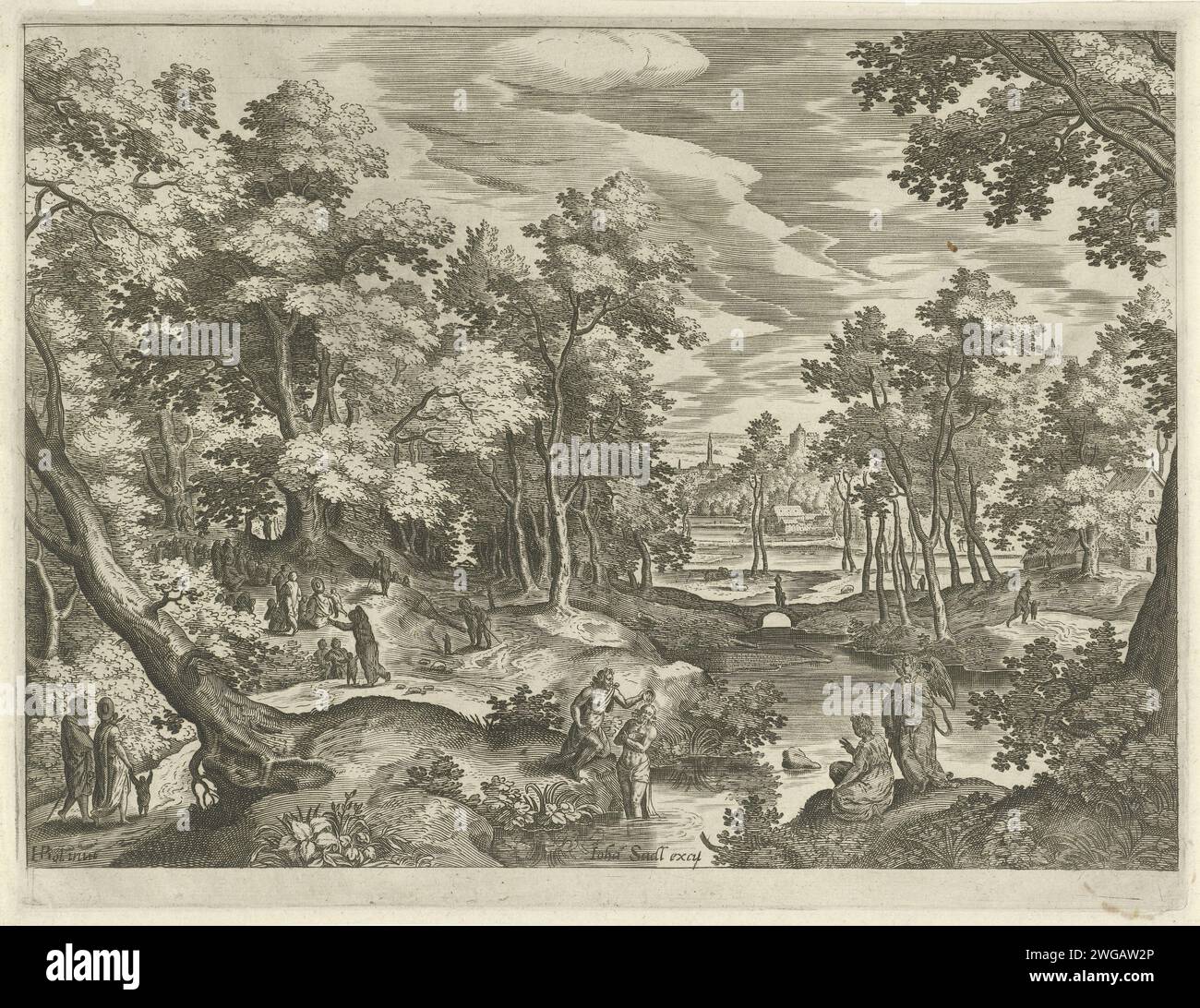 Landscape with the baptism of Christ, Johann Sadeler (I), After Hans ...